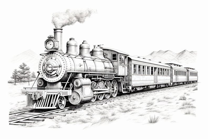 Vintage Train Drawing on White Background. Generative AI Stock Photo - Image of railroad ...