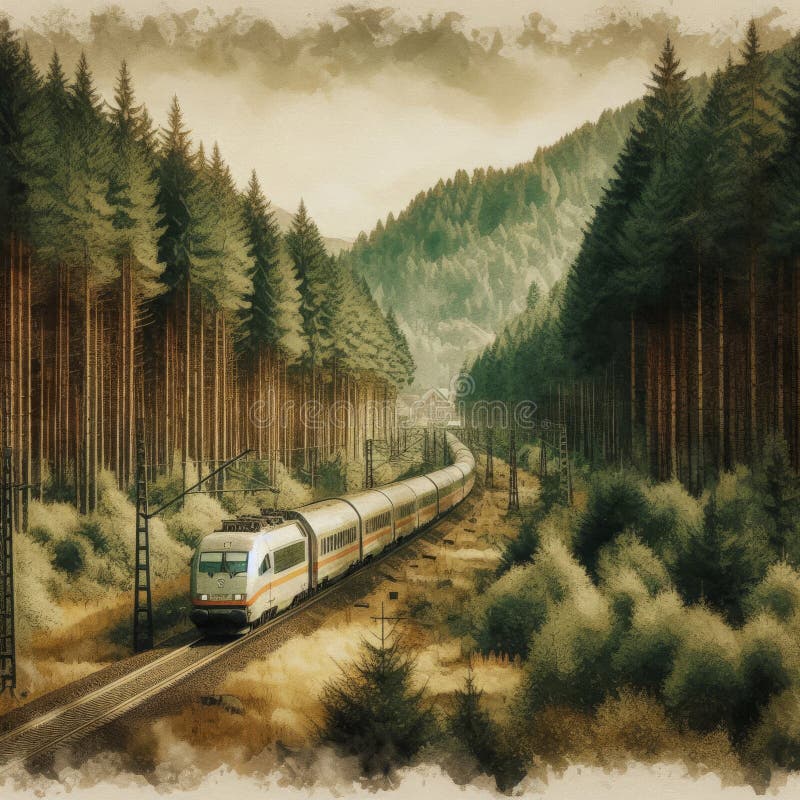 Vintage Train in Pine Landscape Stock Illustration - Illustration of ...
