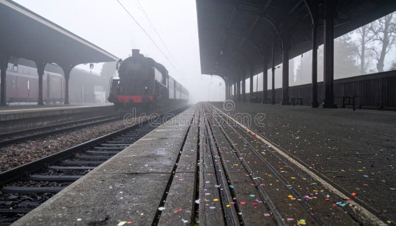 Vintage Train Platform with Confetti Departure. Wedding Concept ...