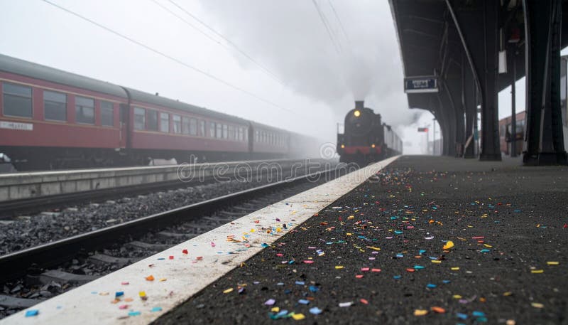 Vintage Train Platform with Confetti Departure. Wedding Concept ...
