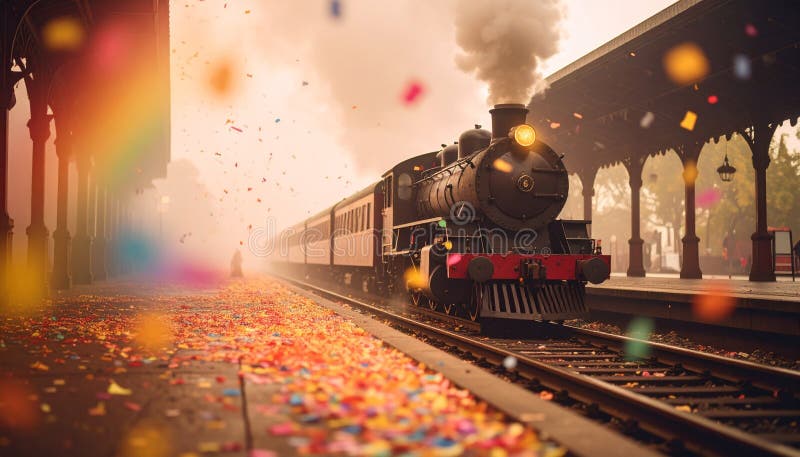 Vintage Train Platform with Confetti Departure. Wedding Concept ...