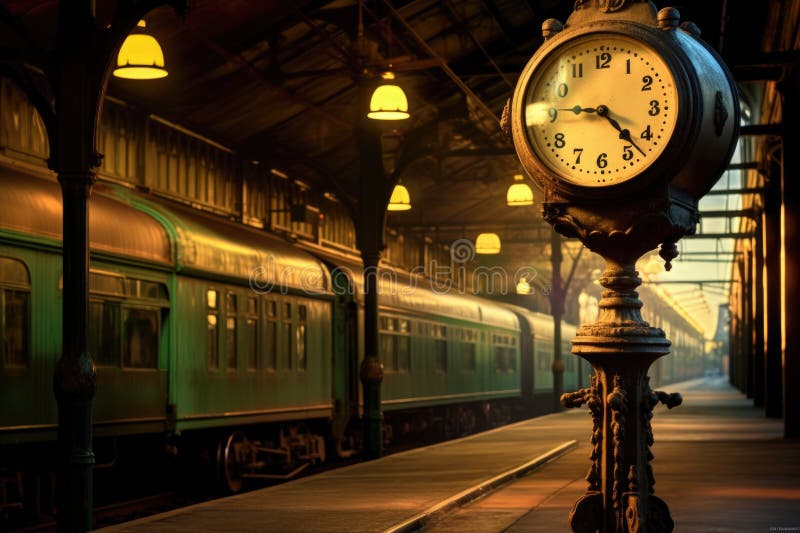 Vintage Train Station Clock in Dim Light Stock Photo - Image of light ...