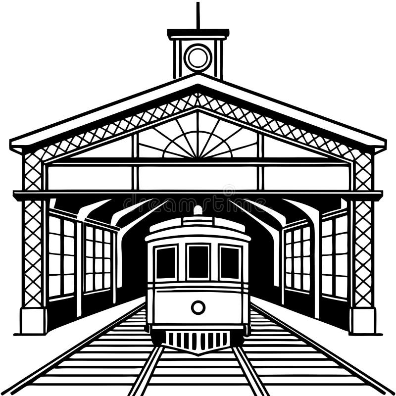 Vintage Train Station Front View with Stylized Architecture and Tracks ...
