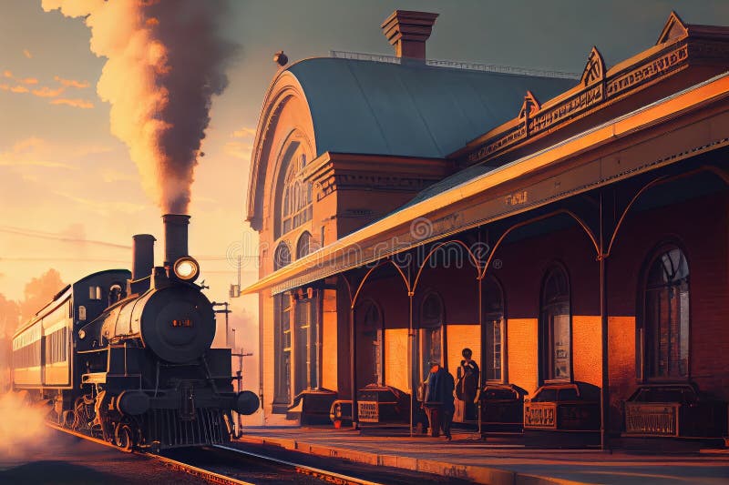 Vintage Train Station, with Steam Engine Pulling in, during Golden Hour ...