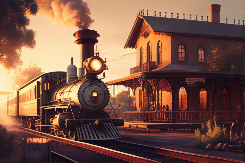 Vintage Train Station, with Steam Engine Pulling in, during Golden Hour ...