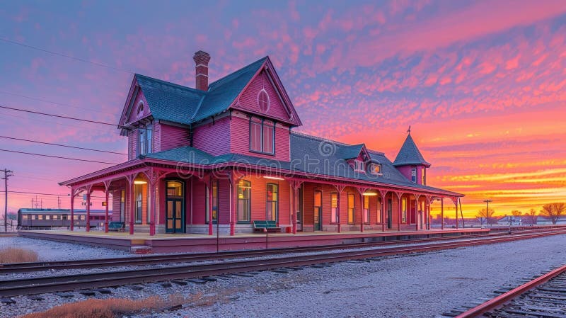Vintage Train Station at Sunset with Empty Railroad Tracks Stock ...