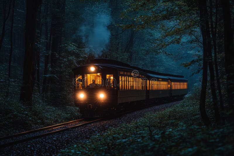 Vintage Train Traveling through Dark Forest at Night Stock Photo ...