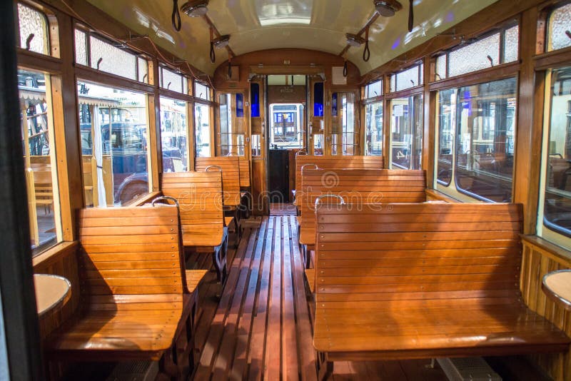 Vintage tram car interior stock image. Image of wooden - 49722373