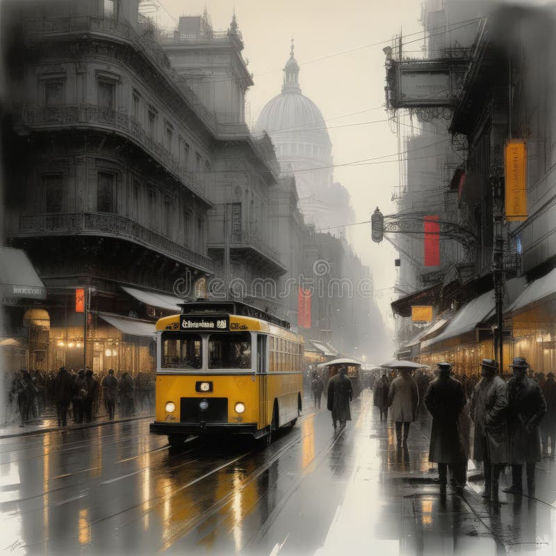 Vintage tram in the city stock illustration. Illustration of town ...