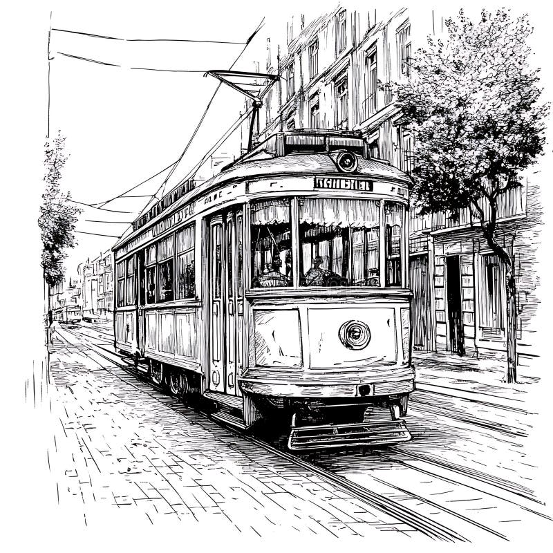 Vintage Tram in a City Street Scene Stock Illustration - Illustration ...