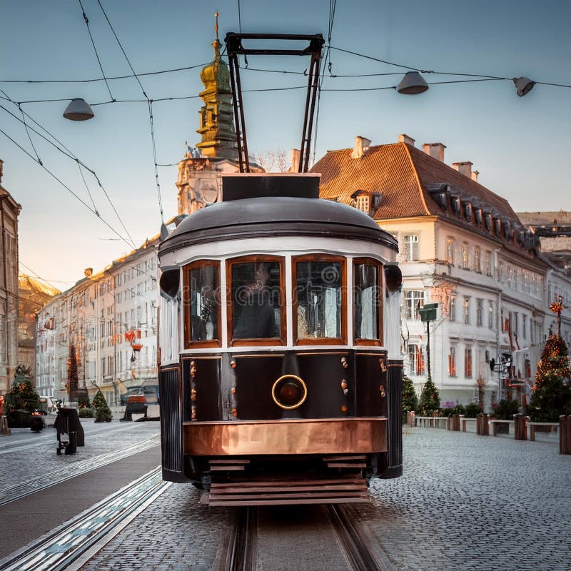 Vintage Tram in a European Town, AI Generated Stock Illustration ...