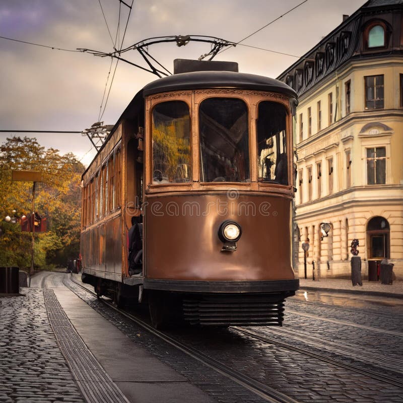 Vintage Tram in a European Town, AI Generated Stock Illustration ...