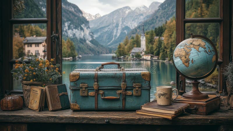 Vintage Travel Display with Suitcase and Globe Overlooking Mountain ...