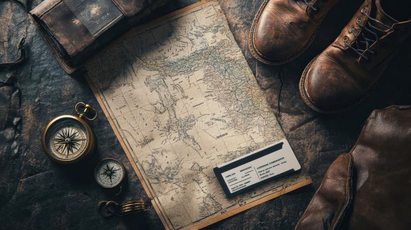 Vintage Travel Essentials, Map, Compass, Boots, and Ticket Stock Illustration - Illustration of ...
