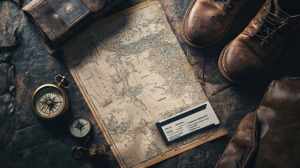Vintage Travel Essentials, Map, Compass, Boots, and Ticket Stock ...