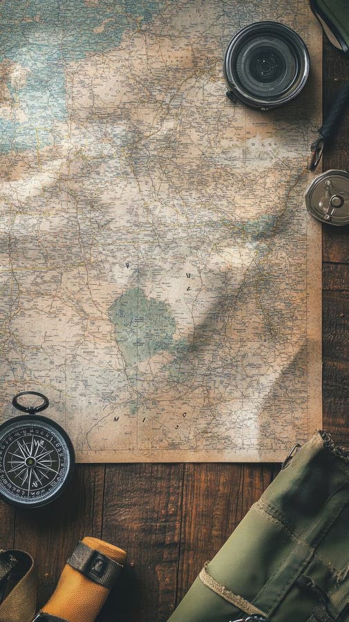 Vintage Travel Essentials, a Map, Compass, Camera Lens, and Backpack ...