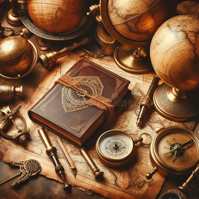 Vintage Travel Essentials with Maps and Globes Stock Photo - Image of ...