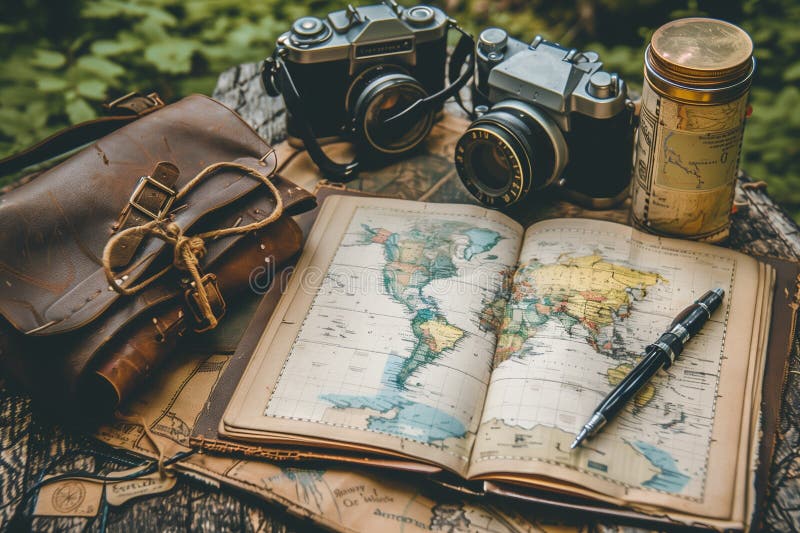 Vintage Travel Items with a World Map. Stock Photo - Image of ...