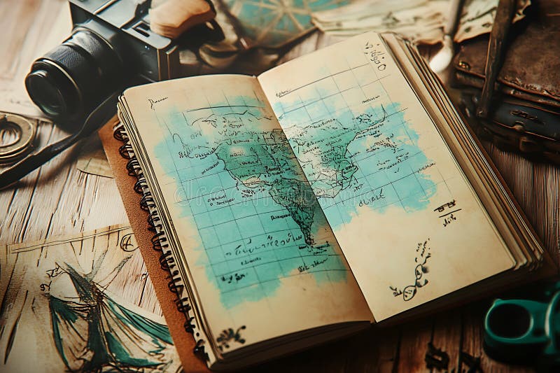 Vintage Travel Journal with Map Stock Illustration - Illustration of ...