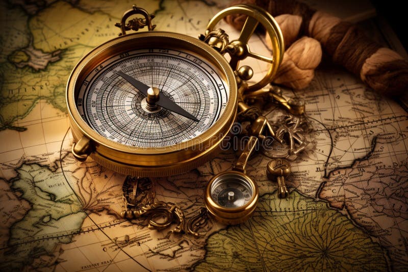 Vintage Travel: Old Map with Compass and Binoculars Stock Illustration ...