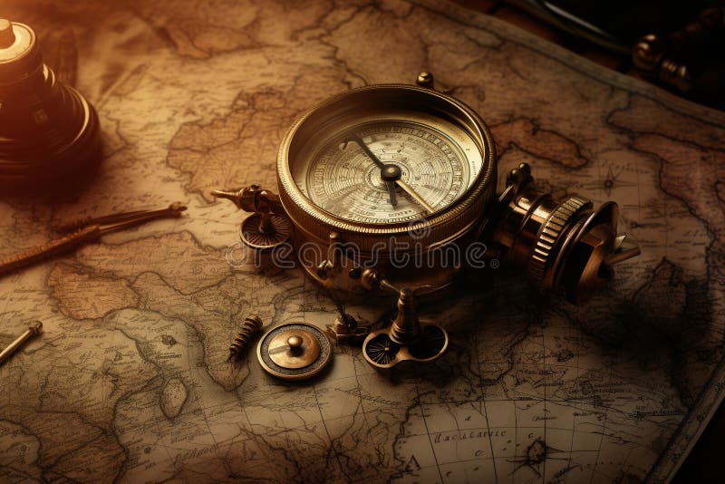 Vintage Travel: Old Map with Compass and Binoculars Stock Illustration ...