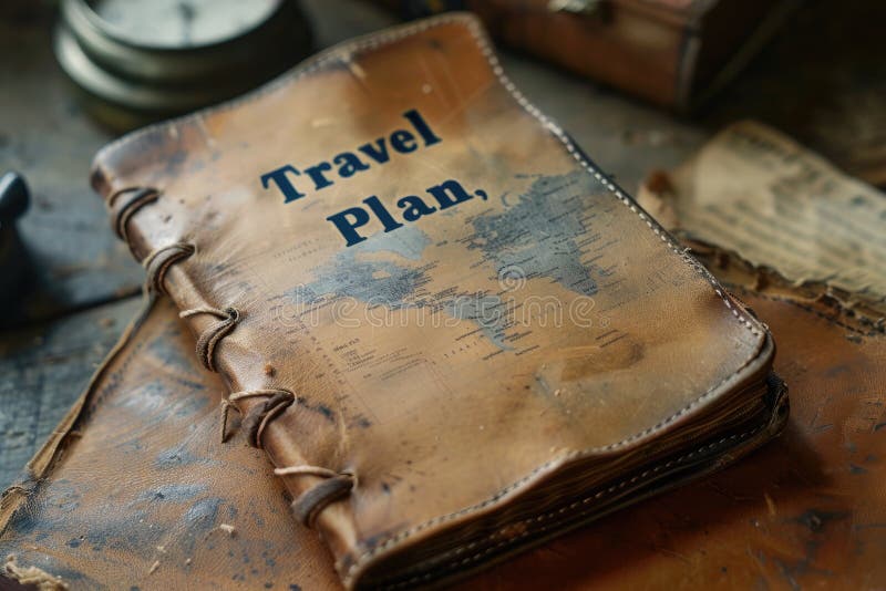 Vintage Travel Plan Leather Book on a Rustic Table Stock Illustration ...