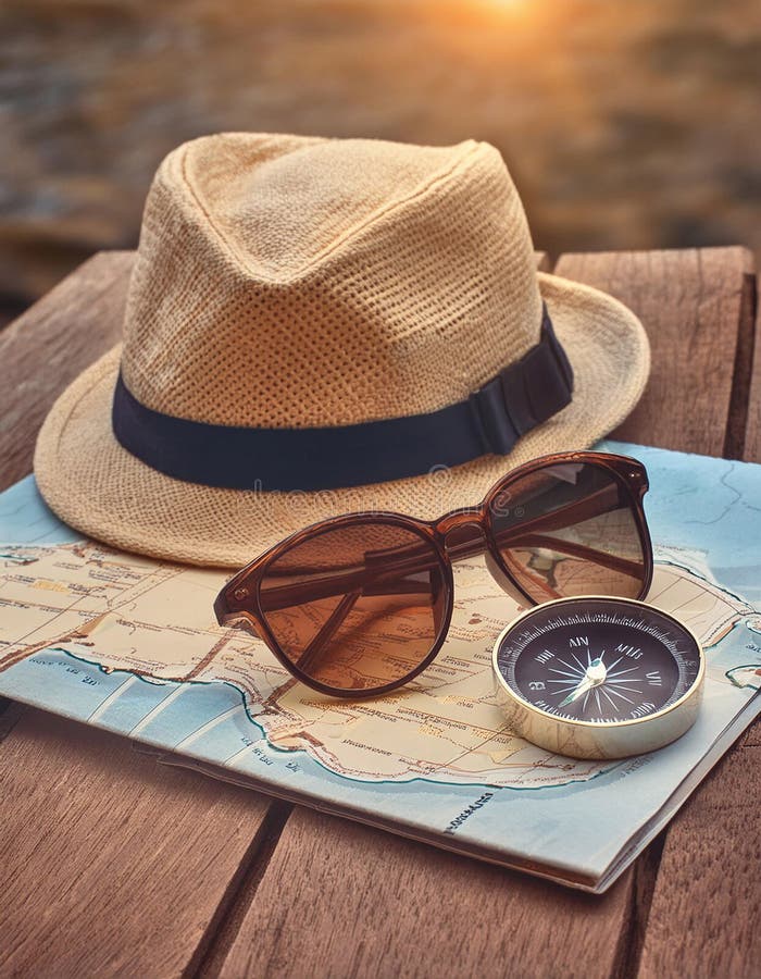 A Vintage Travel Set with a Compass on a Map, Sunglasses, and a Straw ...