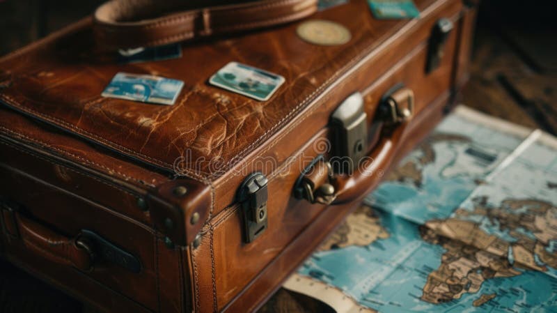 Vintage Travel Suitcase with Map and Stickers for Adventure Planning ...