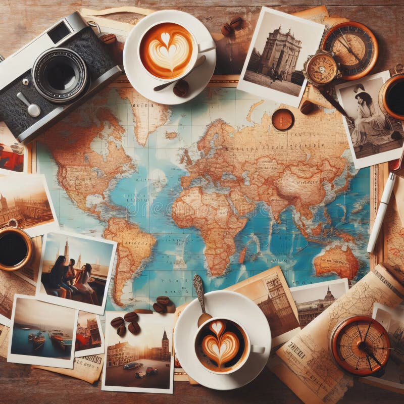 Vintage Travel-themed Flat Lay with Map and Camera Stock Illustration ...
