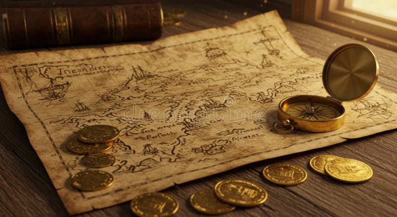 Vintage Treasure Map with Compass and Gold Coins on Rustic Wooden Table ...