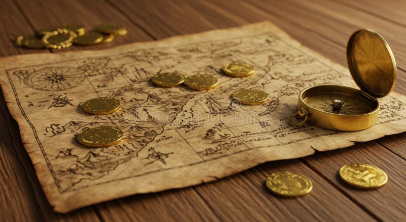 Vintage Treasure Map with Gold Coins and Compass on Wooden Table Stock ...