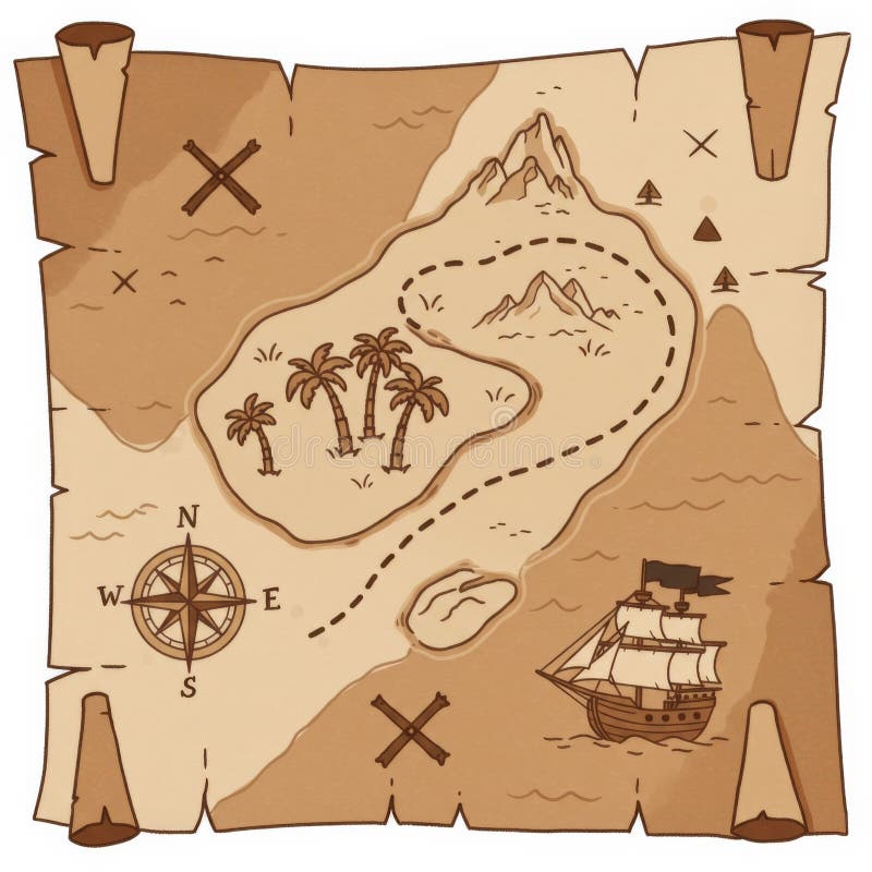 Vintage Treasure Map Illustration with Island and Pirate Ship Stock ...