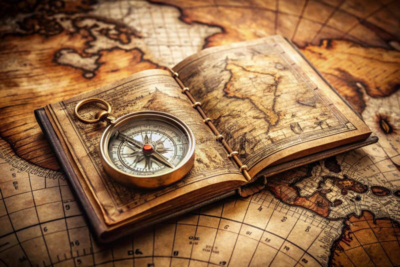 Vintage Treasure Map in Open Book with Compass and Old Ruler Stock ...