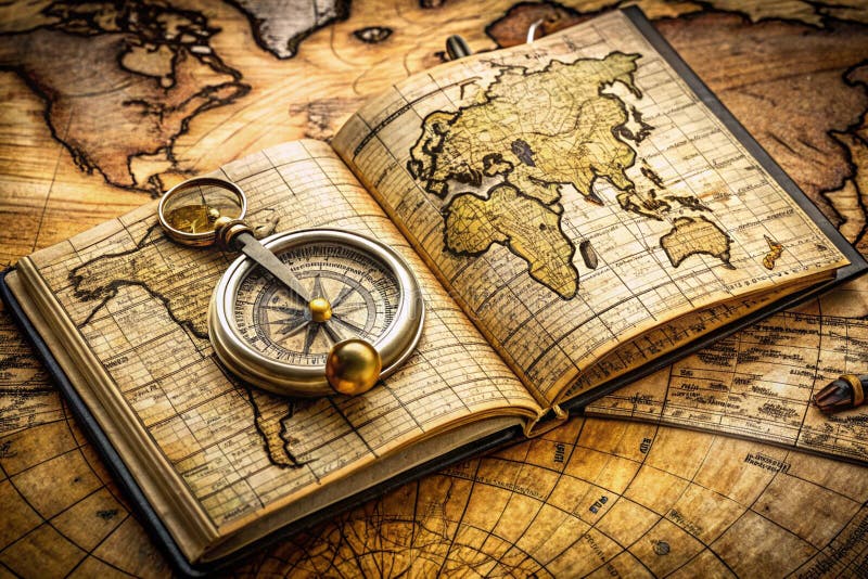 Vintage Treasure Map in Open Book with Compass and Old Ruler Stock ...