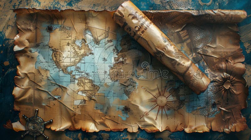 Vintage Treasure Map with Rolled Parchment Stock Illustration ...