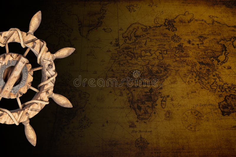 Vintage Treasure World Map with Ship Wheel - Exploration Concept Stock ...