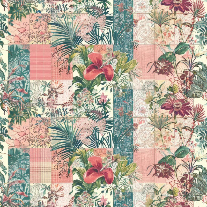 Vintage Tropical Floral Patchwork Design for Fabric or Wallpaper Stock ...
