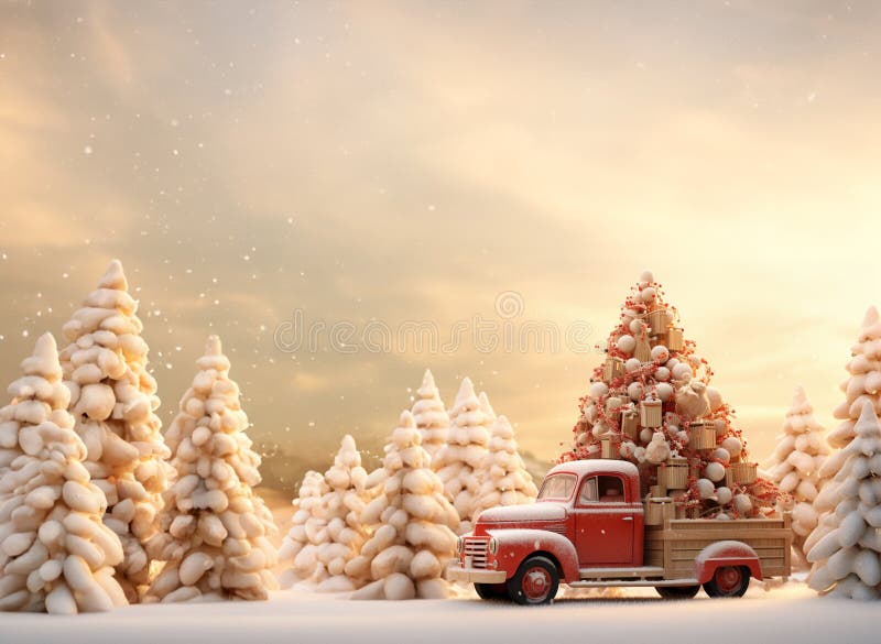 Vintage Truck with Christmas Tree Merry Christmas. AI Generative Stock ...