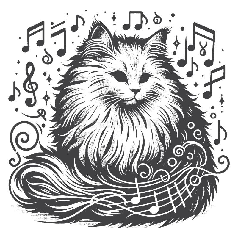 Vintage Turkish Angora Cat with Musical Notes Engraved Vector. Stock ...