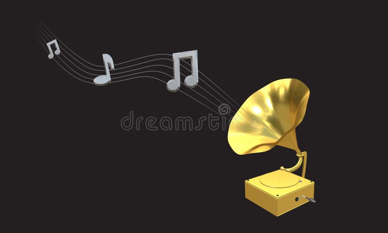 Vintage Turntable with Music Notes Flying on Black Background Stock ...