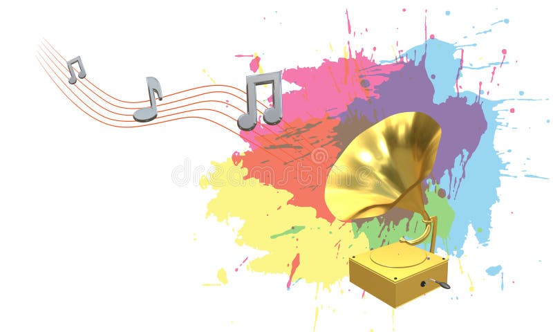 Vintage Turntable and Music Notes Flying with Colors Splash on White ...