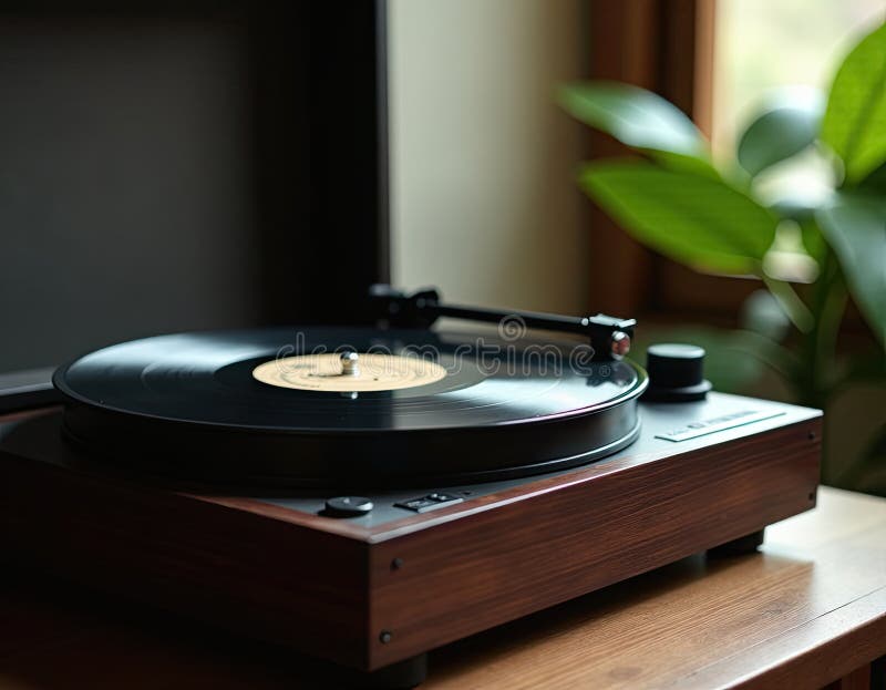 Vintage Turntable Playing Vinyl Record in Cozy Home Setting Stock ...