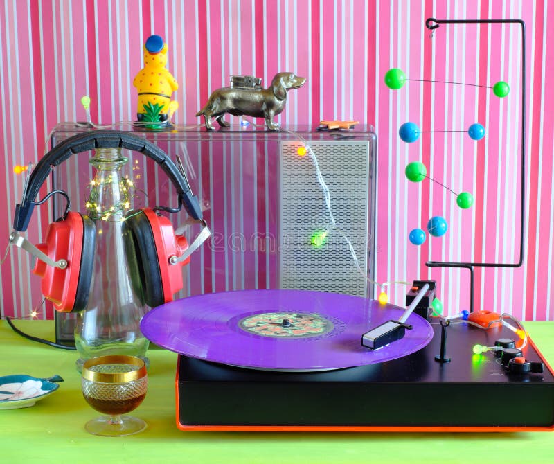 Vintage Turntable with Purple Vinyl Record Old Red Headphone, Speaker ...