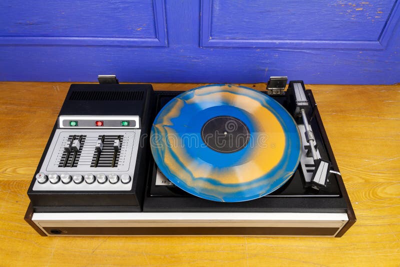 Vintage Turntable Vinyl Record Player with Blue and Orange Vinyl Stock ...