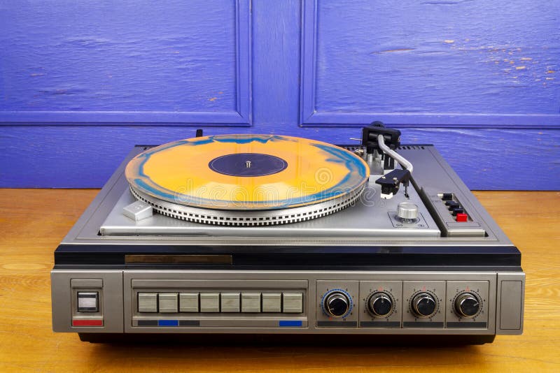 Vintage Turntable Vinyl Record Player with Blue and Orange Vinyl Stock ...