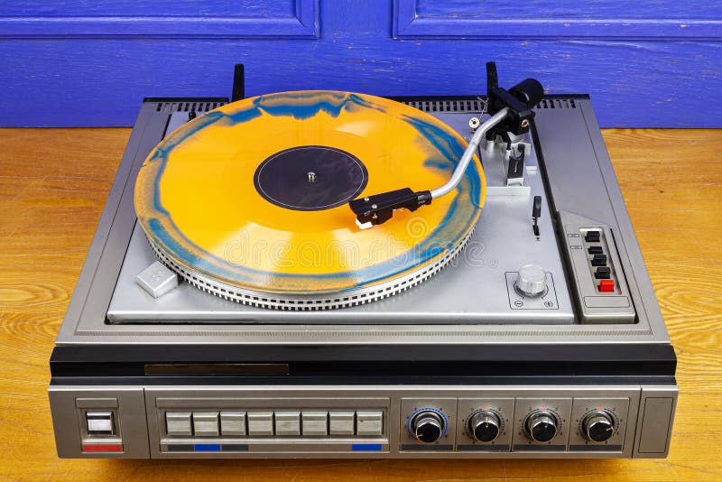 Vintage Turntable Vinyl Record Player with Blue and Orange Vinyl Stock ...