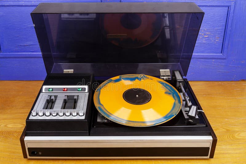 Vintage Turntable Vinyl Record Player with Blue and Orange Vinyl Stock ...