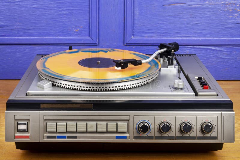 Vintage Turntable Vinyl Record Player with Blue and Orange Vinyl Stock ...