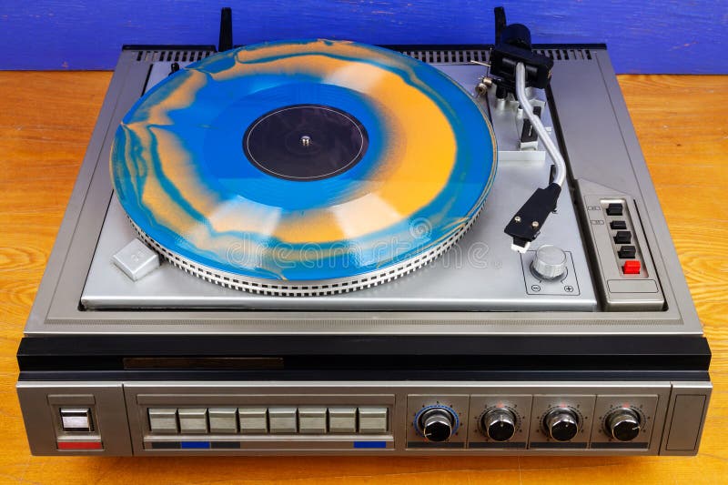 Vintage Turntable Vinyl Record Player with Blue and Orange Vinyl Stock ...