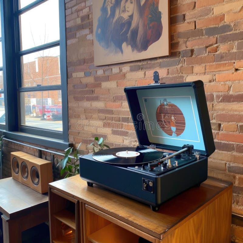 Vintage Turntable with Vinyl Record on Table in Living Room Stock ...